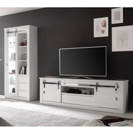 Pharao24.de Designer Wohnwand Fernseher Schrankwand in Wei&szlig; Hochglanz (zweiteilig)