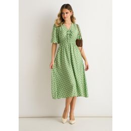 Salbeigr&uuml;nes Punktedruck Shift Midikleid mit geraffter Taille