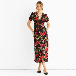 Schwarzes Midikleid mit floralen Spitzenverzierungen