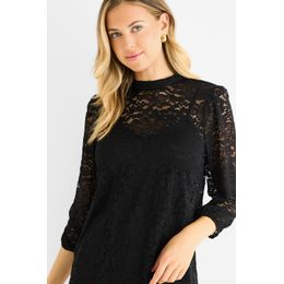 Schwarze, locker sitzende Jersey-Bluse mit hohem Kragen und Spitzenverzierung