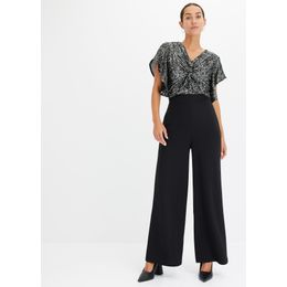 bonprix Jumpsuit, schwarz, Gr.52/54 (XXL), festlicher Jumpsuit mit Pailletten am Oberteil