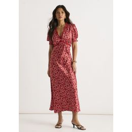 Rotes Midikleid mit floralem Spitzenbesatz und V-Ausschnitt