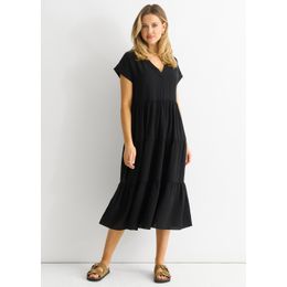 Schwarzes V-Ausschnitt Taschen-Smock Midikleid