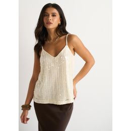 Cremefarbenes Pailletten-Cami-Top mit V-Ausschnitt