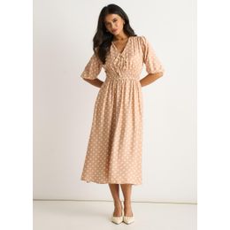 Haferflockenfarbener Fleckendruck Geraffte Taille Midikleid
