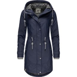 Regenjacke PEAK TIME "L60042", Damen, Gr. XS (34), blau (marine), Obermaterial: 100% Polyurethan. Futter 1: 100% Polyester. Futter 2: 60% Baumwolle, 40% Polyester. Wattierung: 100% Polyester, tailliert ca. Mitte Oberschenkel, &Auml;rmel ohne &Auml;rmelschlitz normaler Saum, Jacken Regenjacke, stylisch taillierter Regenmantel f&uuml;r Damen