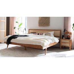Bett Home Affaire "H&auml;llevik Doppelbett, Massivholzbett", braun (eiche natur), B:200cm H:94cm L:210cm, Betten, Bett, Massive FSC-zertifizierte Eiche ge&ouml;lt, Kopfteil mit Wiener Geflecht
