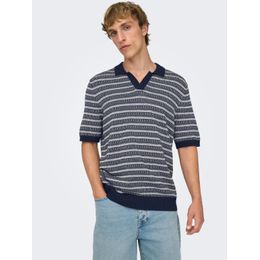 Only & Sons Polokragenpullover ONLY & SONS "ONSTILO REG SS SPLIT NECK KNIT NOOS", Herren, Gr. L, schwarz sapphire detail:gardenia, Strick, Obermaterial: 100% Baumwolle, gestreift, regular fit normal, V-Ausschnitt, B&uuml;ndchen, Pullover, Baumwolle, regular fit