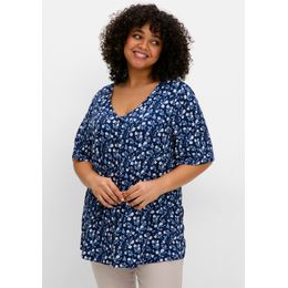 sheego Gro&szlig;e Gr&ouml;&szlig;en Shirt mit Bl&uuml;mchenprint und Knopfleiste, tiefblau-gemustert, Gr&ouml;&szlig;e 56/58 - Damen
