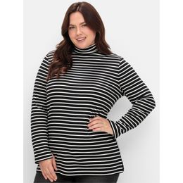 sheego Gro&szlig;e Gr&ouml;&szlig;en Rollkragenshirt mit garngef&auml;rbten Ringeln, schwarz-wei&szlig;, Gr&ouml;&szlig;e 56/58 - Damen