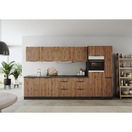 K&uuml;chenzeile KOCHSTATION "KS-Lagos, wahlweise mit E-Ger&auml;ten, Sp&uuml;le edelstahl oder schwarz", beige (k&uuml;che: natur, front: listrado eiche, korpus: grafitgrau, arbeitsplatte: betongrau), B:330cm H:200cm T:60cm, Komplettk&uuml;chen-Sets, K&uuml;chenzeile, Breite 330cm, GK-oder Induktionskochfeld,mit oder ohne K&uuml;hlschrank