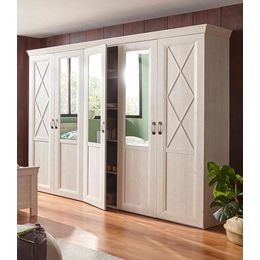 Kleiderschrank FORTE "Kashmir, klassischer Landhausstil, Made in Europe", wei&szlig; (pinie wei&szlig;), B:255cm H:221cm T:63cm, FSC-zertifizierter Holzwerkstoff, Schr&auml;nke, Kleiderschrank, mit Spiegel und dekorativen Fr&auml;sungen und Elementen, Topseller