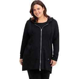 sheego Damen Shirtjacke mit 2-Wege-Rei&szlig;verschluss, Longform schwarz Gr&ouml;&szlig;e 52/54