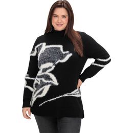 sheego Damen Stehkragenpullover mit Effektgarn schwarz-gemustert Gr&ouml;&szlig;e 52/54