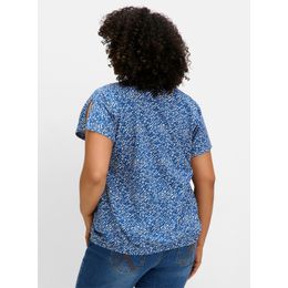 sheego Gro&szlig;e Gr&ouml;&szlig;en V-Shirt mit geschlitzten &Auml;rmeln, blaubeere-gemustert, Gr&ouml;&szlig;e 48/50 - Damen