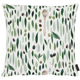 Dekokissen Apelt "7007", gr&uuml;n, natur, bedruckt, B:40cm H:0,5cm L:40cm, Baumwolle, Polyester, Dekokissen_Sitzkissen_Kissenh&uuml;llen, Olivendesign als all-over