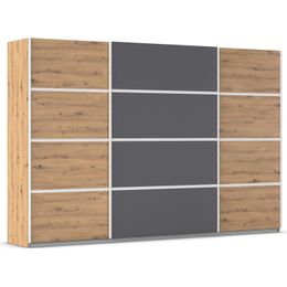 Kleiderschrank Rauch "Schwebet&uuml;renschrank Garderobe Schrank TOP ANGEBOT Avola", grau (eiche artisan, graumetallic, leisten wei&szlig;), B:315cm H:210cm T:62cm, Holzwerkstoff, Schr&auml;nke, Kleiderschrank, mit eleganten Zierleisten in Chrom, Schwarz oder Wei&szlig; MADE IN GERMANY