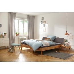 Bett Home Affaire "Natali", braun (eiche, grau, eiche), B:186cm H:81cm L:210cm, Betten, Bett, aus massiver Eiche, gepolstertes Kopfteil mit Kunstlederbezug