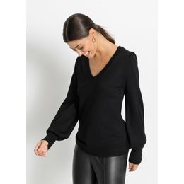 Strickpullover bonprix "Feinstrickpullover aus Viskose-Mix", Damen, Gr. 32/34 (XS), schwarz, Feinstrick, Obermaterial: 70% Viskose, 30% Polyamid, unifarben, bequem h&uuml;ftbedeckend, V-Ausschnitt, weit extrabreites B&uuml;ndchen mit Kn&ouml;pfen, Pullover Strickpullover, aus Viskose-Mix, mit V-Ausschnitt, Ballon&auml;rmel mit Zierkn&ouml;pfen
