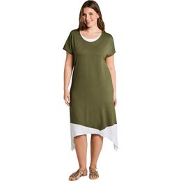 sheego Damen A-Linien-Kleid in 2-in-1-Optik oliv-wei&szlig; Gr&ouml;&szlig;e 44