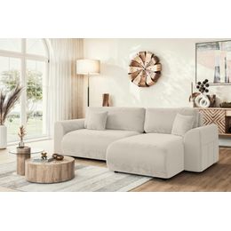 Ecksofa Home Affaire "VasbySuyal Schlafsofa 235cm L-Form mit Recamiere beidseitig montierbar", beige (hellbeige), B:235cm H:80cm T:138cm, 100% Polyester, Sofas, Ecksofa, Designsofa mit Bettfunktion und Bettkasten, Ma&szlig;e B/T/H: 235/138/80 cm