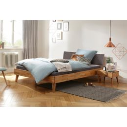 Bett Home Affaire "Natali", braun (eiche, grau, eiche), B:146cm H:81cm L:210cm, Betten, Bett, aus massiver Eiche, gepolstertes Kopfteil mit Kunstlederbezug