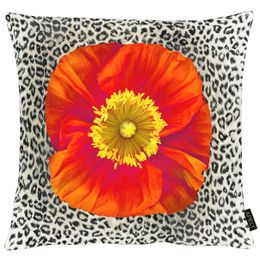 Dekokissen Apelt "Giulia", braun, rot, bedruckt, B:46cm H:0,5cm L:46cm, Polyester, Dekokissen_Sitzkissen_Kissenh&uuml;llen, Mohnbl&uuml;te auf Leoprint