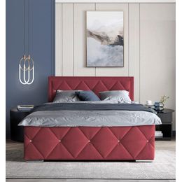 Boxbett Home Affaire "Alfie, inkl. Bettkasten&Topper", rot (weinrot), L:211cm, Holzwerkstoff, Spanplatte, Komplettbetten, Wahlweise mit Knopfsteppung oder Strasssteinen, H2, H3 und H4 w&auml;hlbar
