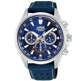 Chronograph Lorus "Sports Chronograph", blau, orange, Armbanduhren, Herren, Chronograph, Quarzuhr, Armbanduhr, Herrenuhr, Lederarmband, analog, Tag