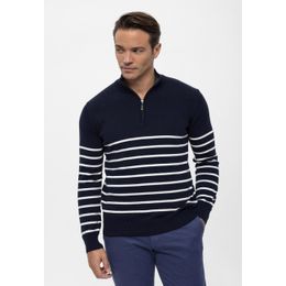 Stehkragenpullover FELIX HARDY "Gestreifter Pullover mit halbem Rei&szlig;verschluss", Herren, Gr. XL, navy, 100% Baumwolle, Pullover Stehkragenpullover
