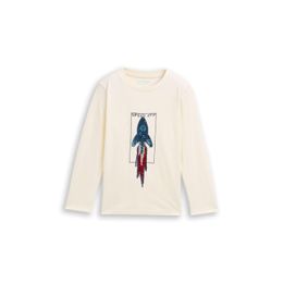 Langarmshirt Tom Tailor, Jungen, Gr. 128/134, wool wei&szlig;, Single Jersey, Obermaterial: 100% Baumwolle, bedruckt, regular fit normal, Rundhals, gerader Abschluss, Shirts Langarmshirt, mit Pailetten