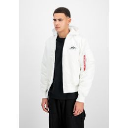 Bomberjacke Alpha Industries "MA-1 Zip Hood Backprint", Herren, Gr. L, wei&szlig; (wei&szlig;, schwarz), Obermaterial: 100% Nylon, Futter: 100% Nylon, Kapuze: 75% Baumwolle, 25% Polyester, F&uuml;llung: 100% Polyester, Jacken Bomberjacke