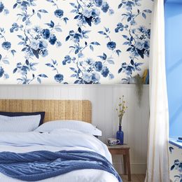 Vliestapete Joules "Boho Bloom Cr&egrave;me", blau, B:0,52m L:10m, Vlies, Tapeten, floral