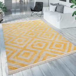 Teppich Paco Home "Poco 821", gelb (gelb, wei&szlig;), B:60cm H:6mm L:100cm, Polypropylen (PP), Teppiche, Teppich, Kurzflor, Rauten Design, mit Fransen, In- und Outdoor geeignet