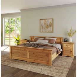 Bett OTTO HOME "Rauna, Landhausstil, edles Design mit Lamellen und Kassetten, 2 Farben", beige (natur, natur, natur), B:195cm H:85cm L:206cm, Betten, Bett, FSC zertifiziertes Kieferholz, massive Qualit&auml;t mit Lattenrost
