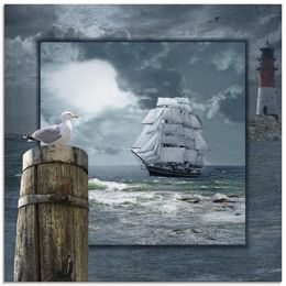 Glasbild Artland "Maritime Collage mit Segelschiff", blau (farbe bild(er): blau), B:50cm H:50cm, Bilder, in verschiedenen Gr&ouml;&szlig;en