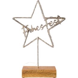 Dekoobjekt CREATIV DECO "LUMEN, Deko-Stern mit Schriftzug "Frohes Fest", silber (silberfarben), B:31cm H:47cm T:7cm, Metall, Dekofiguren, Weihnachtsdeko mit LED Beleuchtung, Batteriebetrieb