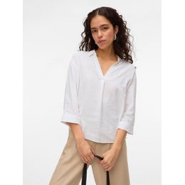 V&eacute;ro Moda Shirtbluse VERO MODA "VMLINN 3/4 TOP WVN GA NOOS", Damen, Gr. S, wei&szlig; (snow wei&szlig;), Web, Obermaterial: 55% Leinen, 45% Viskose, unifarben, loose fit Po-bedeckend, V-Ausschnitt, Blusen