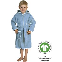 W&ouml;rner Kinderbademantel W&Ouml;RNER "Dinofamilie" Gr. 86, stahlblau, 86/92, Baumwolle, Hausm&auml;ntel, Biobaumwolle, mit Stickerei, mit Tasche
