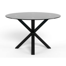 Esstisch ACTONA GROUP "Glas Esstisch Heaven, Runder Esstisch, belastbar bis 100 kg", klar geh&auml;rte, matt schwarz, klar, B:119cm H:75,5cm T:119cm, Tische, Esstisch, Tischplatte aus rauer Keramik, schwarz gestell, Rund, 119x75,5
