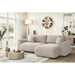 Ecksofa Home Affaire "VasbySuyal Schlafsofa 235cm L-Form mit Recamiere beidseitig montierbar", beige, B:235cm H:80cm T:138cm, 100% Polyester, Sofas, Ecksofa, Designsofa mit Bettfunktion und Bettkasten, Ma&szlig;e B/T/H: 235/138/80 cm