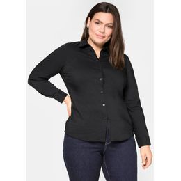 Hemdbluse sheego, Damen, Gr. 44, schwarz, 70% Baumwolle, 27% Polyamid, 3% Elasthan, unifarben, Blusen Hemdbluse
