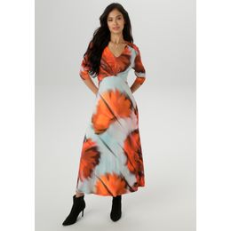 Midikleid Aniston SELECTED, Damen, Gr. 36, N-Gr, silber (rot, silber, anthra, rosa), Single Jersey, Obermaterial: 95% Viskose, 5% Elasthan, bedruckt, gemustert, figurumspielend, V-Ausschnitt, Kleider Midikleid, mit Smok-Details