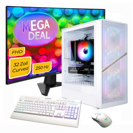 GAMEMAX Gaming-PC-Komplettsystem "MegaDeal AERIS MW 2776 AMD Ryzen 7 5700X 16GB 480GB SSD RTX 5060", Energieeffizienz: E (A-G), wei&szlig;, Microsoft Windows 11 Home (64 Bit), 16 GB RAM 480 GB SSD, Computer_Komplettsysteme, Windows 11 + MSI MAG 32C6X Curved Monitor 80cm (32")