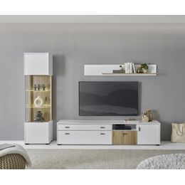 Wohnwand Home Affaire "HUDSON", wei&szlig; (wei&szlig; matt tz, applikation evoke eiche mdf tz), B:316cm H:180cm T:42cm, Kastenm&ouml;bel-Sets, Wohnwand, mit moderner Rillenoptik, Griffe aus Metall (Schwarz), Breite 316 cm