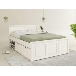 Stauraumbett OTTO HOME "SVEA &ndash; Landhausstil, Massivholz-Kiefer & Lattenrost inklusive", wei&szlig;, B:149,6cm H:92,8cm L:211cm, Betten, Stauraumbett, 2 Schubladen + offene F&auml;cher, FSC zertifiziert, Made in Europe