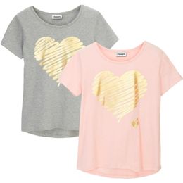 T-Shirt bonprix "T-Shirt mit Baumwolle (2er Pack)", M&auml;dchen, Gr. 128/134, grau (hellgrau meliert, puderrosa), Obermaterial: 95% Baumwolle, 5% Viskose, regular fit, Shirts T-Shirt, regular fit, Kurzarm, hinten l&auml;nger geschnittener Saum