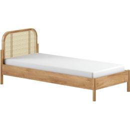Einzelbett Home Affaire "mit massiven Bettpfosten und furnierten Bettseiten", braun (eiche natur, eiche natur, eiche natur), B:98,5cm H:90cm L:208,5cm, Betten, 90/200 inkl. Lattenrost und trendigem Rattankopfteil
