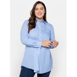 Longbluse sheego, Damen, Gr. 48, blau (mittelblau), 70% Baumwolle, 27% Polyamid, 3% Elasthan, gemustert, gestreift, mehrfarbig, unifarben, Blusen Longbluse