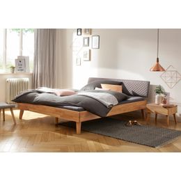 Bett Home Affaire "Natali", braun (eiche, grau, eiche), B:166cm H:81cm L:210cm, Betten, Bett, aus massiver Eiche, gepolstertes Kopfteil mit Kunstlederbezug